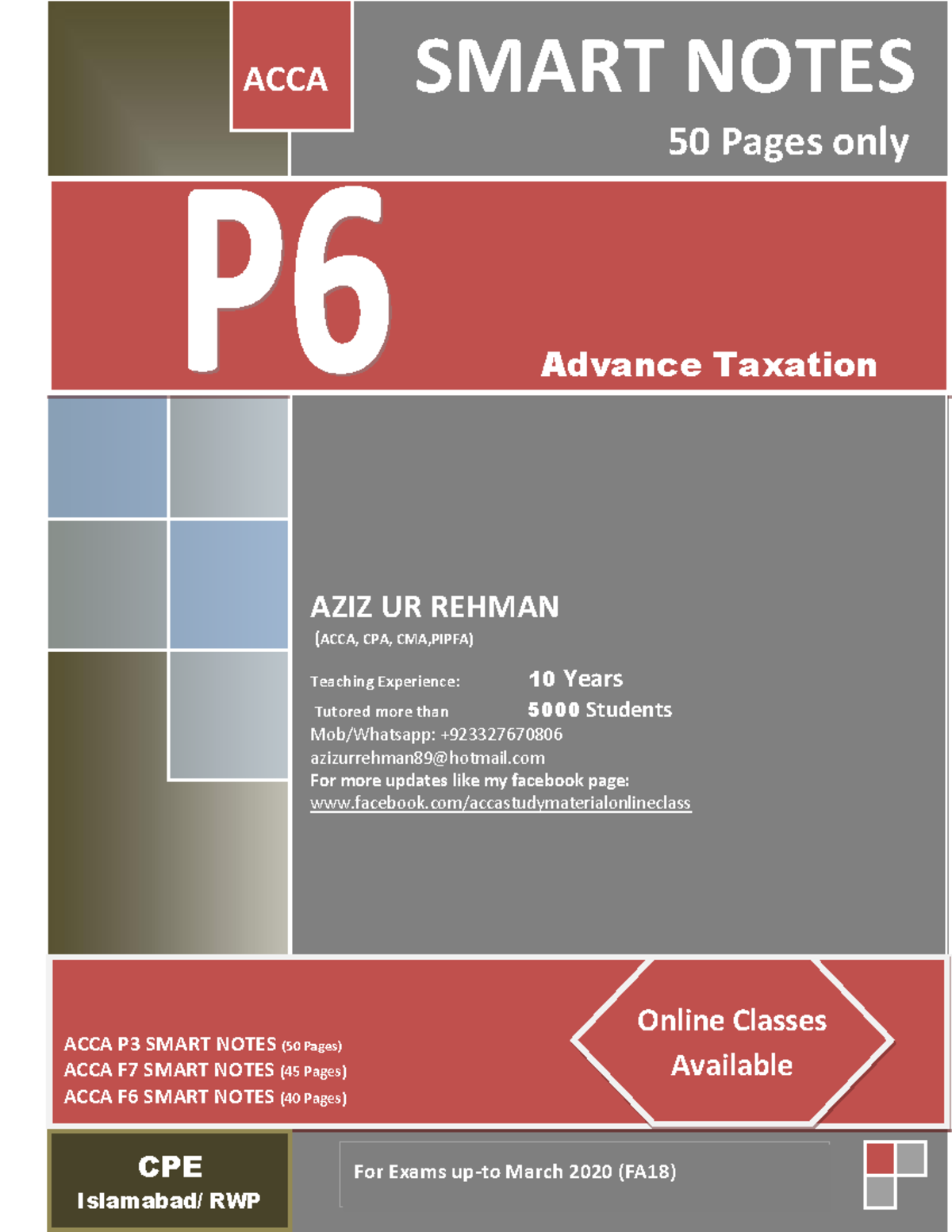 Smart Notes ACCA P6 (50 pages) FA18 upto march 2020 - Contact: ACCA ...