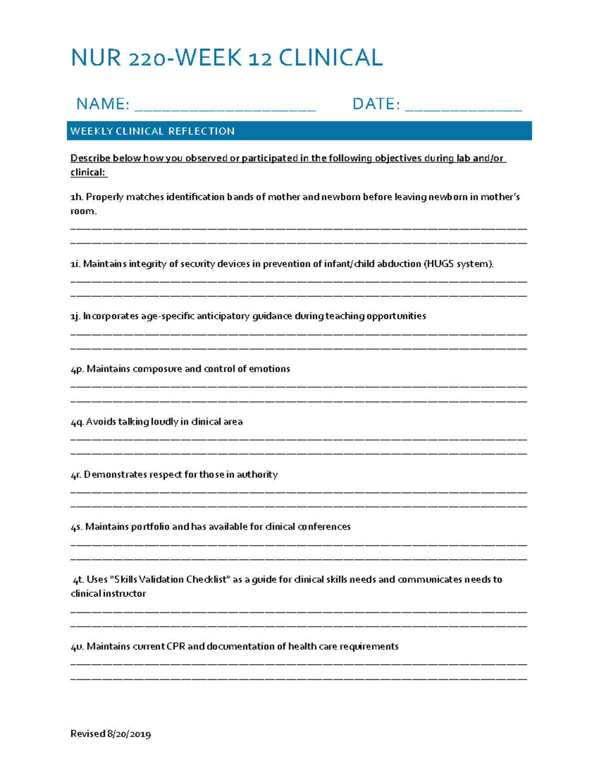 Weekly Clinical Reflection-Week 12 - NUR 220-WEEK 12 CLINICAL NAME ...