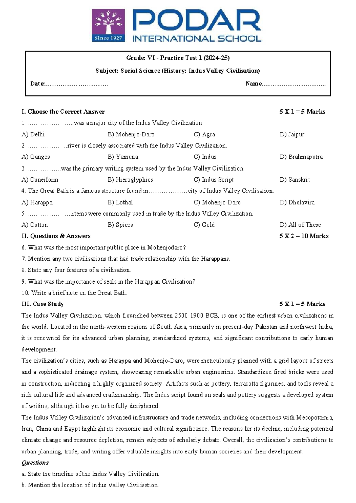 Class 6 Practice Test 1 - Grade: VI - Practice Test 1 (2024-25) Subject ...