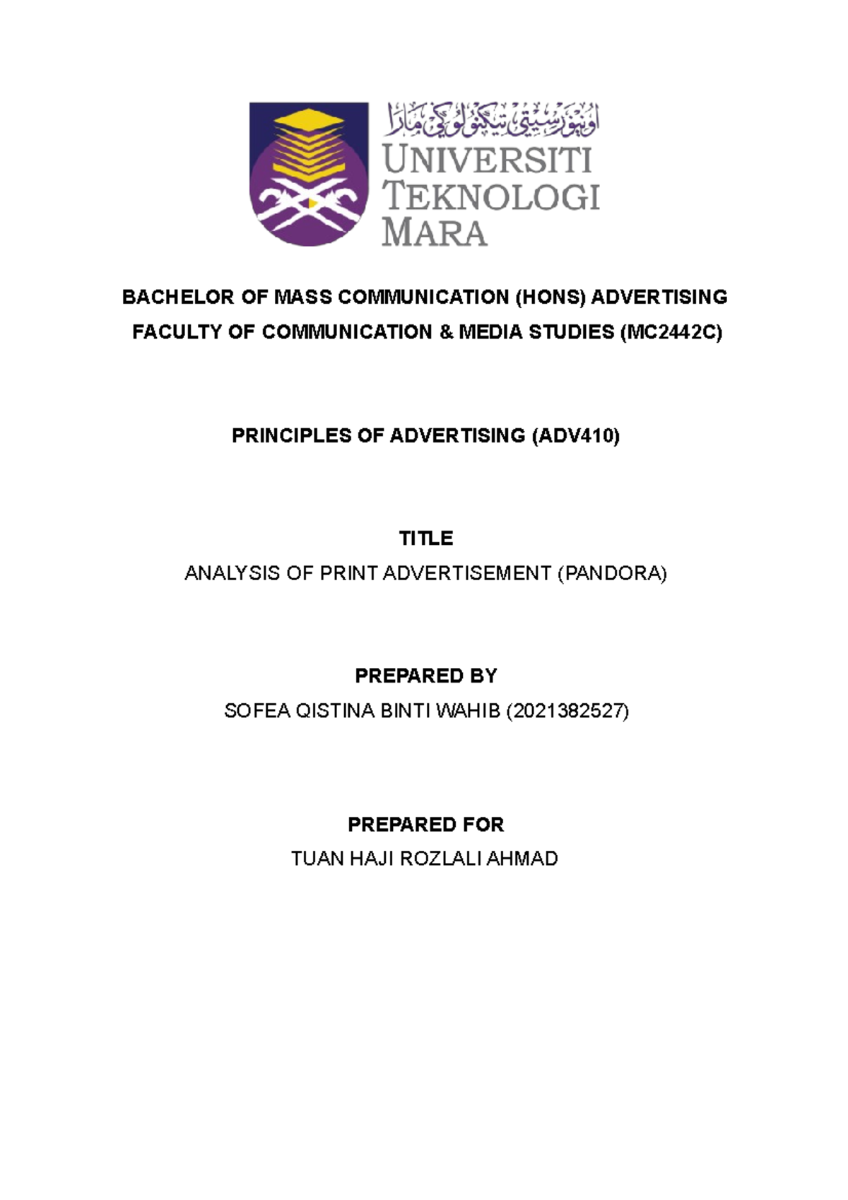 Advertising Analysis Report For campaign review - BACHELOR OF MASS ...