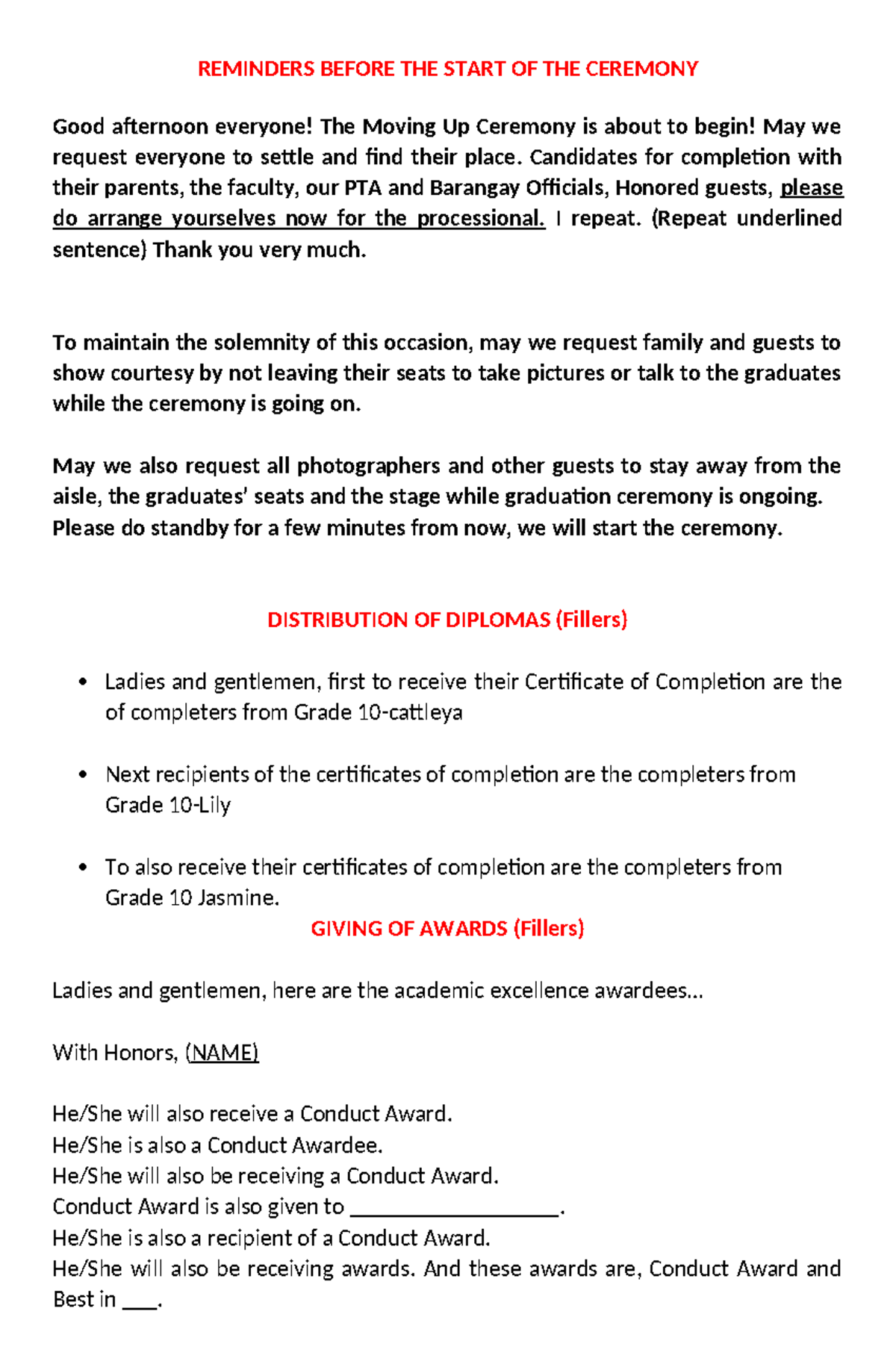 Reminders-script - Example of a script for commencement exercises ...