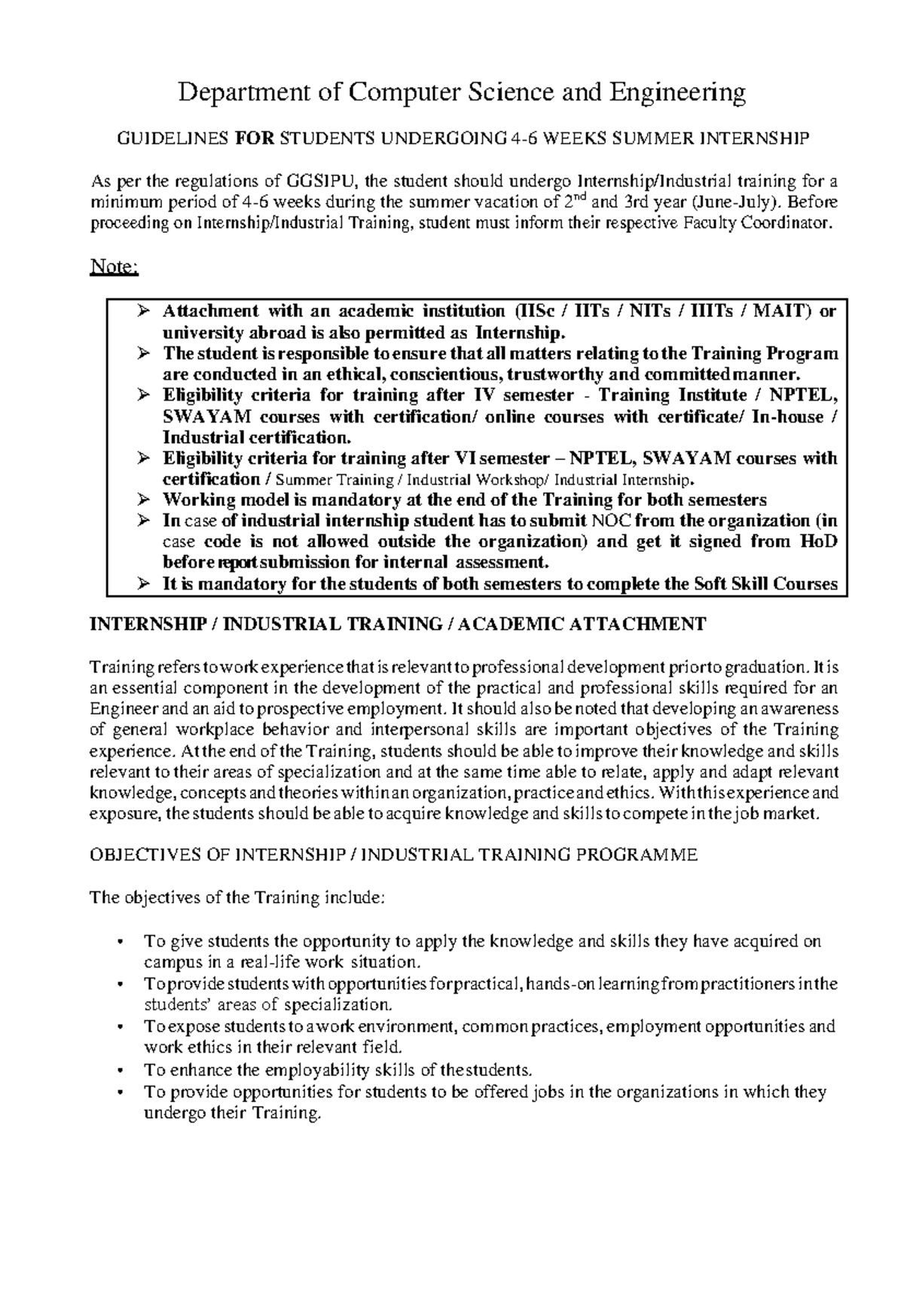 Training Guidelines CSE Department Attachment With An Academic training-guidelines-cse-department-attachment-with-an-academic