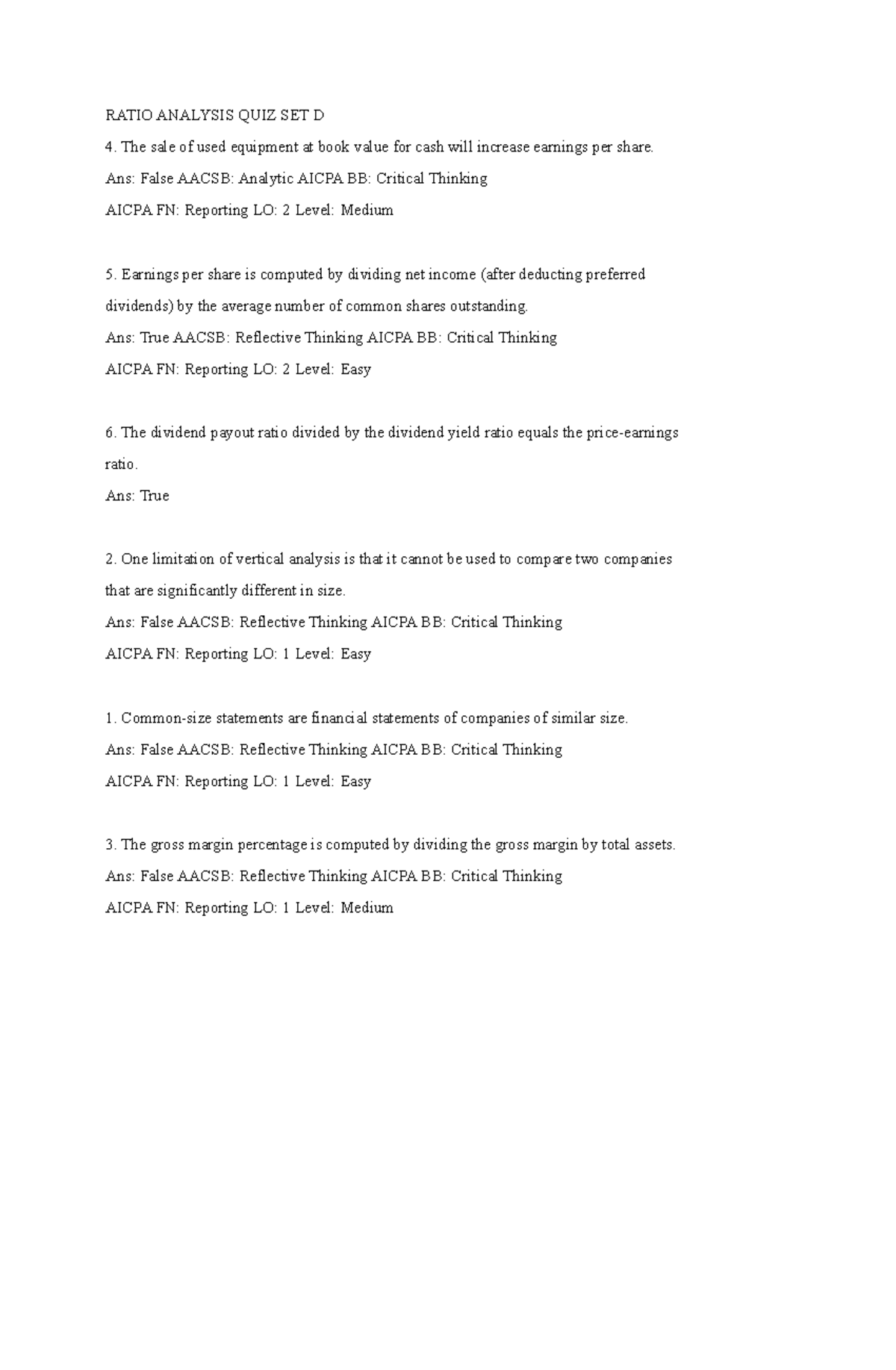 Ratio Analysis QUIZ SET D- lecture practice sets - RATIO ANALYSIS QUIZ ...