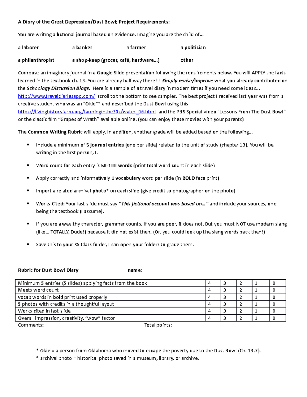 Great Depression Diary - A Diary of the Great Depression/Dust Bowl ...