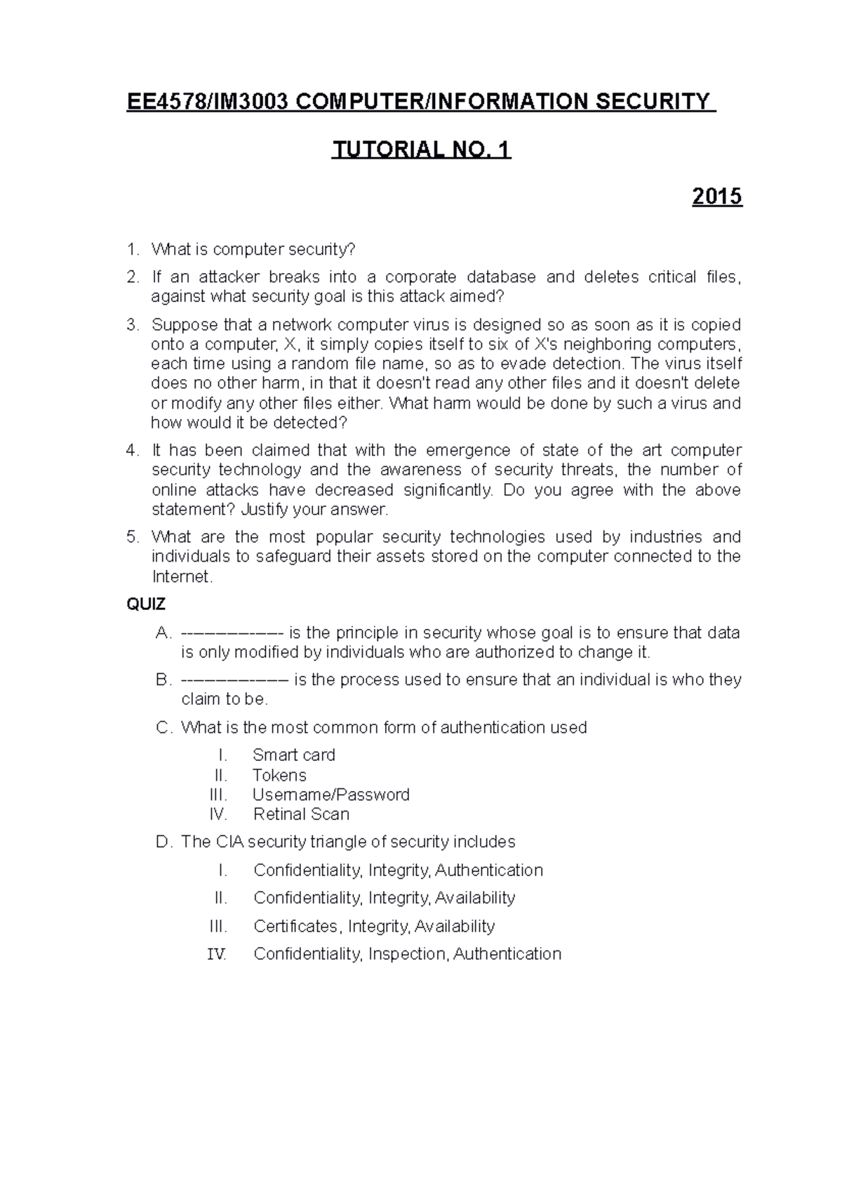 T1-2015 - Tutorial - EE4578/IM3003 COMPUTER/INFORMATION SECURITY ...