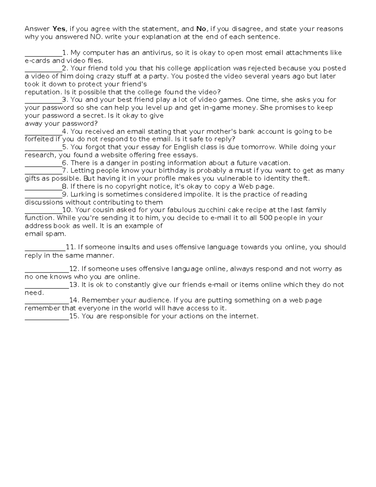 Seatwork-1bshshs - Answer Yes, if you agree with the statement, and No ...