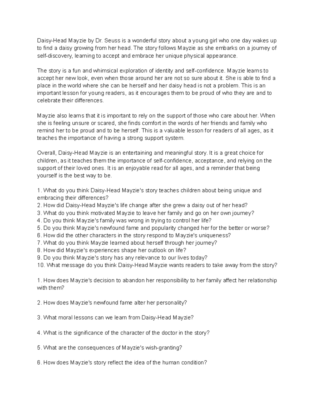 I had trouble ... discussion questions - Daisy-Head Mayzie by Dr. Seuss ...