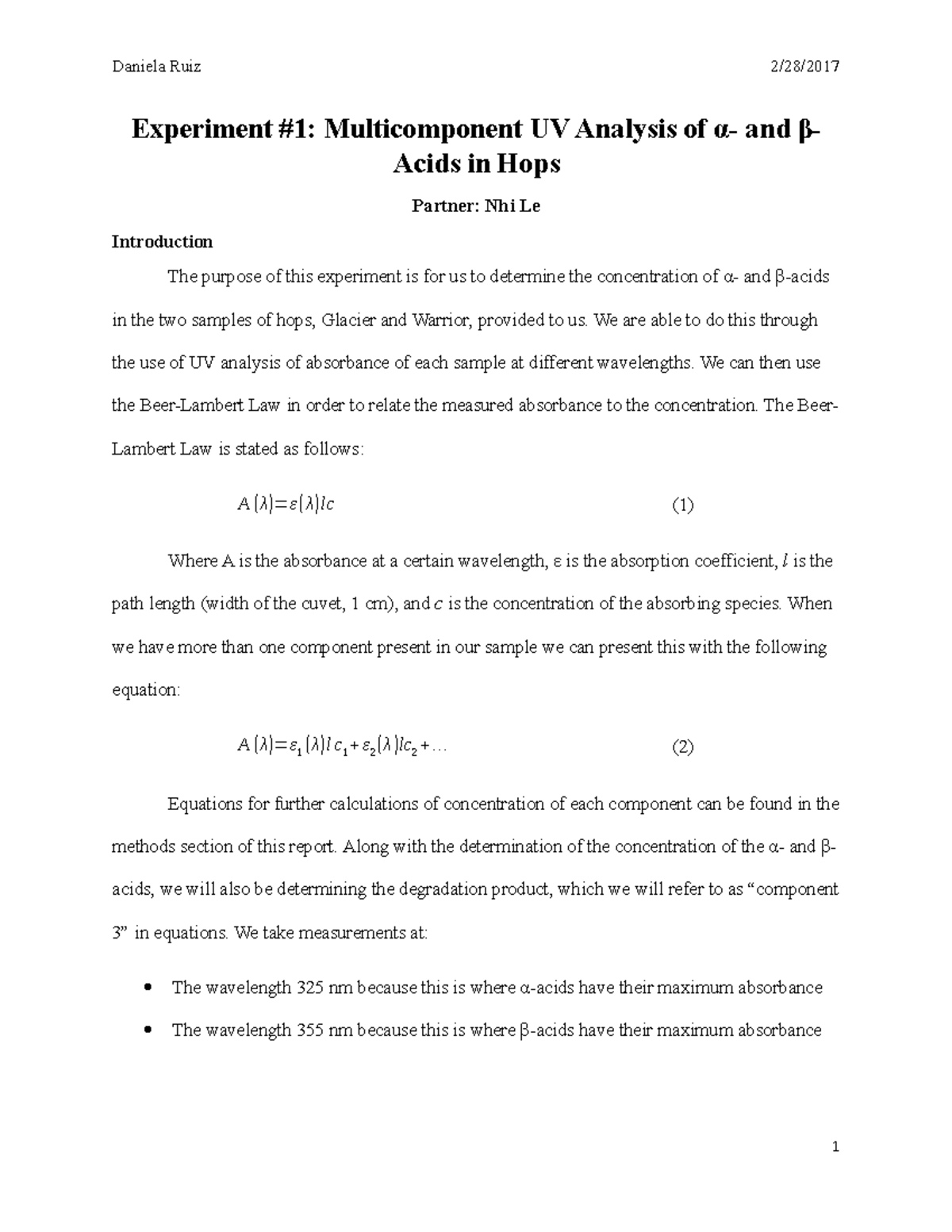 Experiment #1 UV Analysis of Hops - Experiment #1: Multicomponent UV ...