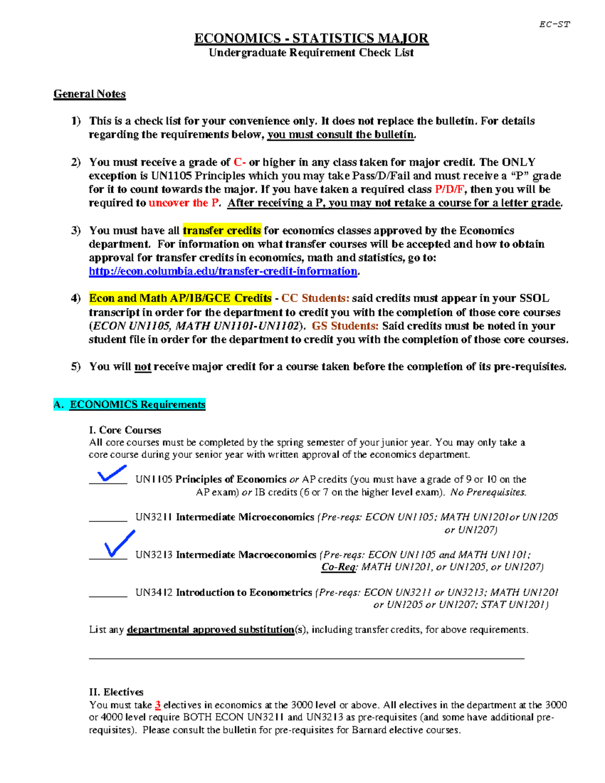 Econ Stats Checklist - EC-ST ECONOMICS - STATISTICS MAJOR Undergraduate ...
