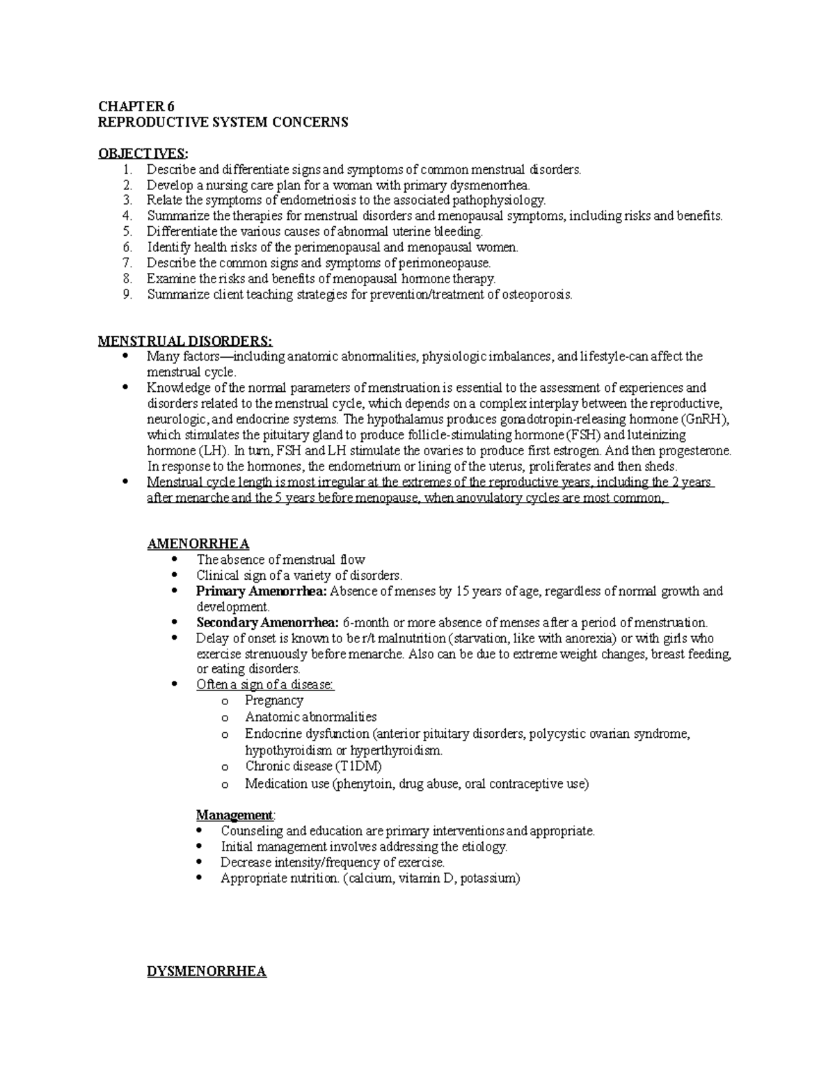 Ch 6 notes - CHAPTER 6 REPRODUCTIVE SYSTEM CONCERNS OBJECTIVES ...