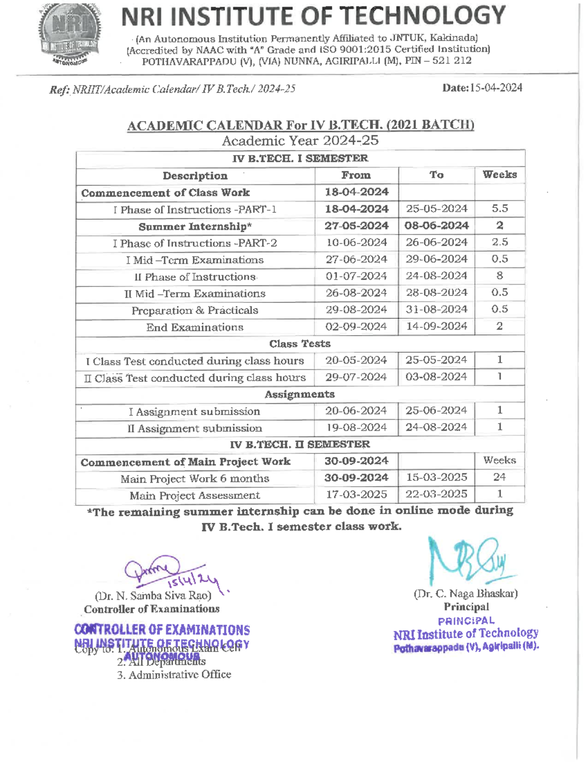 4-1 B.TECH. Academic Calender A.Y 2024-25 - NRI NRI INSTITUTE OF TECHNOLOGY INSTITUTE TECHNOLOGY ...