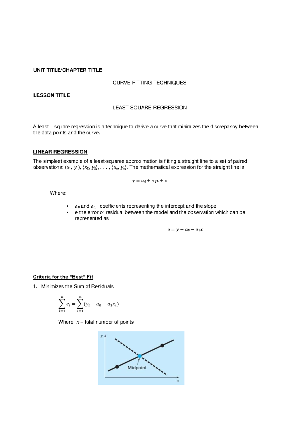 Least Square Regression - UNIT TITLE/CHAPTER TITLE CURVE FITTING TECHNIQUES LESSON TITLE LEAST ...