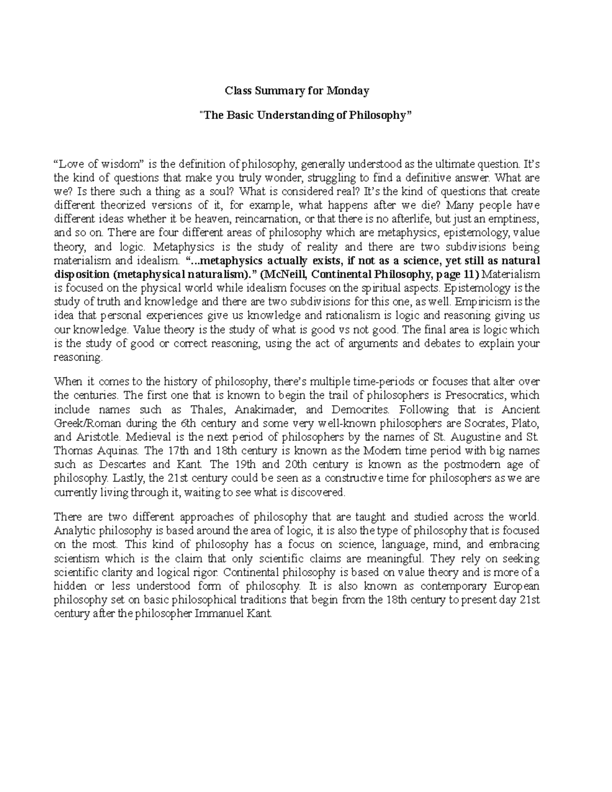 Class Summary for Monday 2 - Class Summary for Monday “The Basic ...