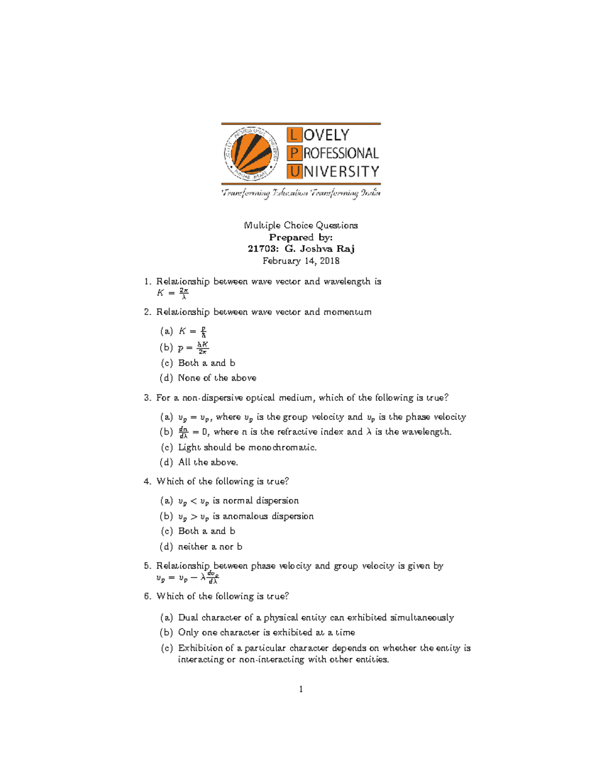 MCQ Physics part 2 2 - PHY 109 MCQ FOR PRACTICE - Multiple Choice Questions Prepared by: 21703 ...