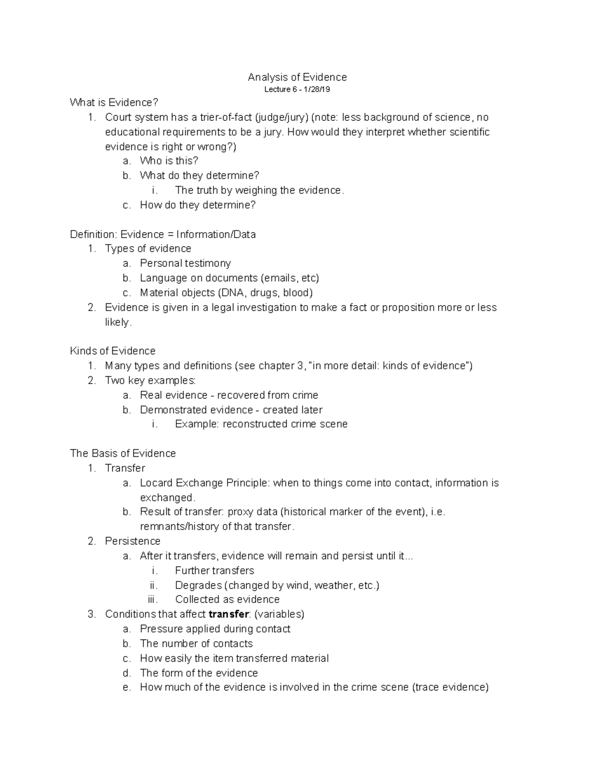 6 • Analysis of Evidence - Analysis of Evidence Lecture 6 - 1/28/ What ...