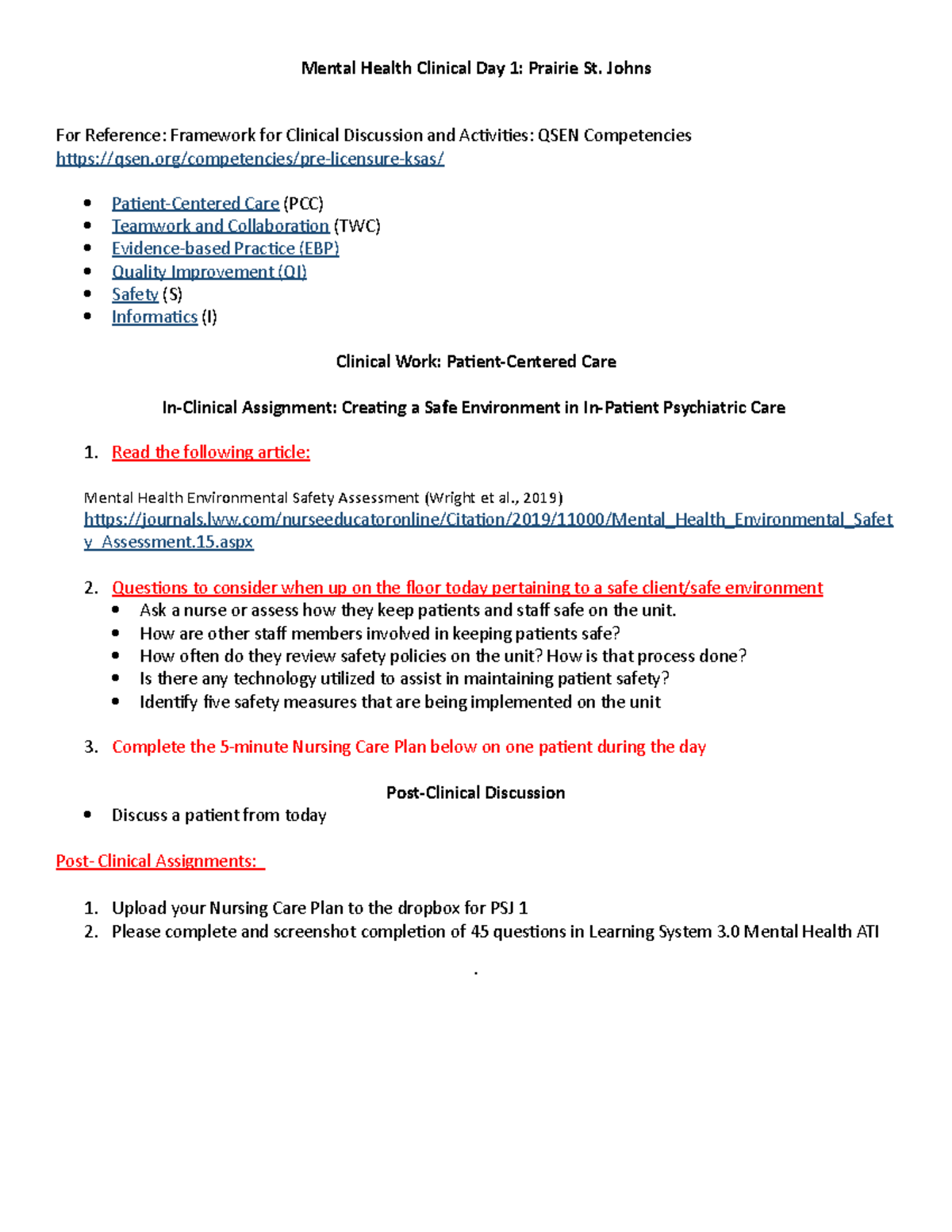 Mental Health Clinical Day 1 PSJ Student Assignment Sheet - Mental ...