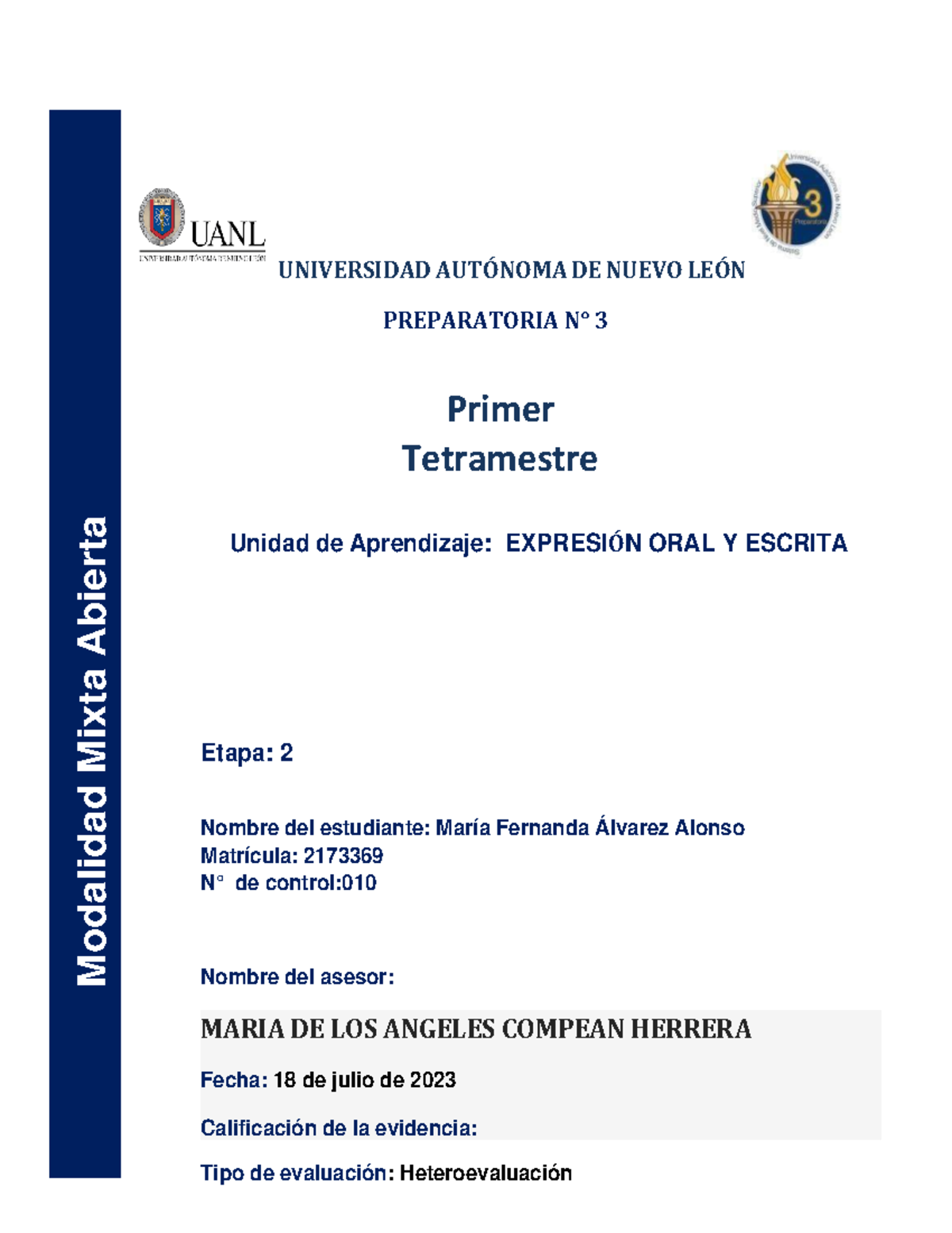 Desarrollo del Pensamiento Algebraico ET2 - UNIVERSIDAD AUTÓNOMA DE NUEVO LEÓN PREPARATORIA N° 3 ...