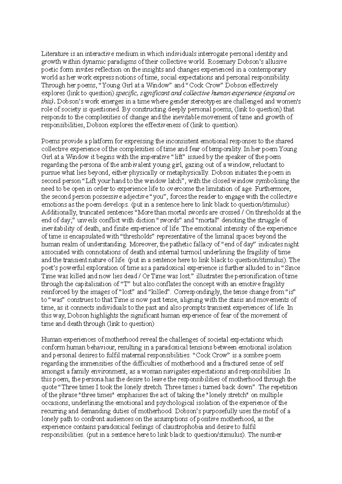 Rosemary Dobson Base Essay - Common Module - Human Experiences ...