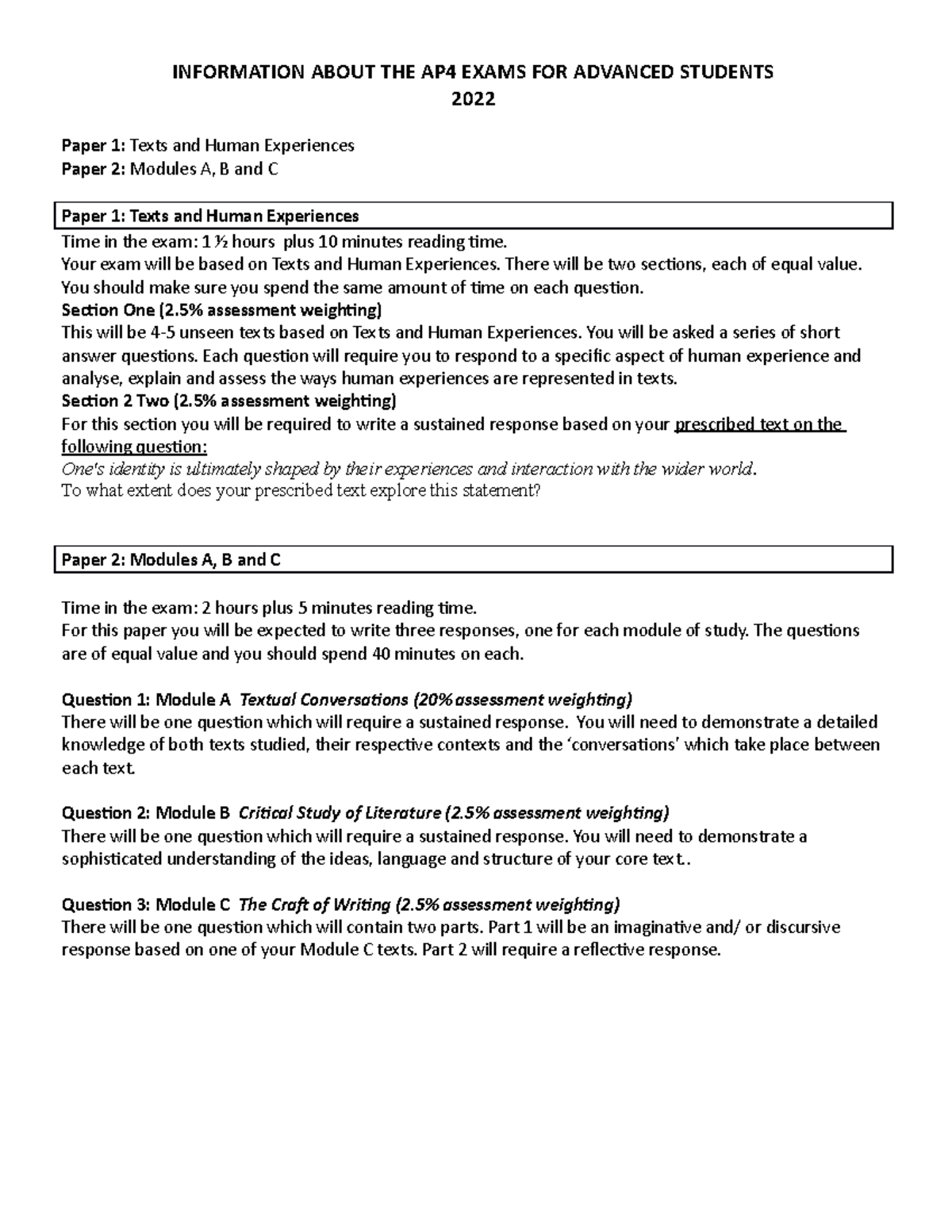 2022 AP4 Advanced Notification - INFORMATION ABOUT THE AP4 EXAMS FOR ...