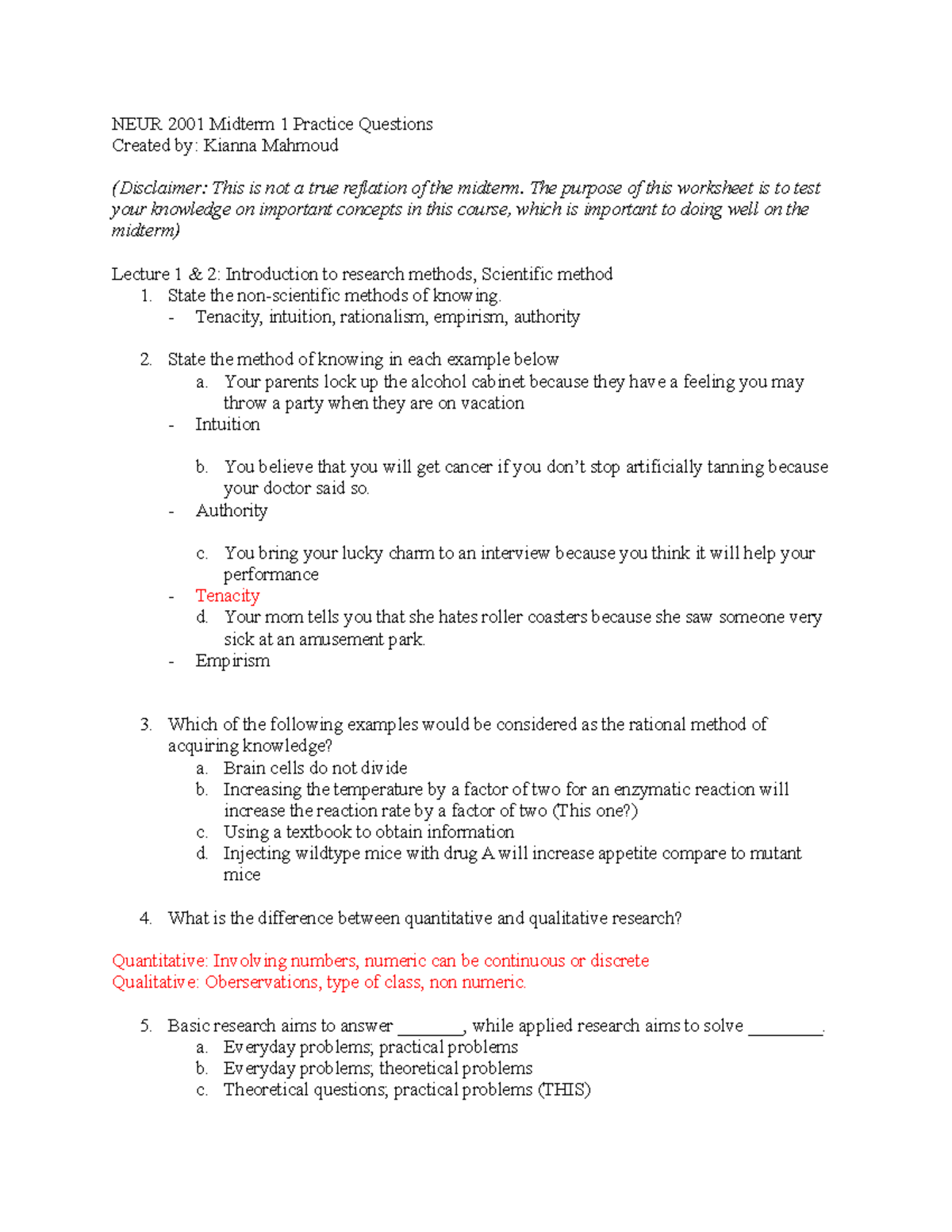 NEUR 2001 Midterm 1 Practice Questions - NEUR 2001 Midterm 1 Practice Questions Created by ...