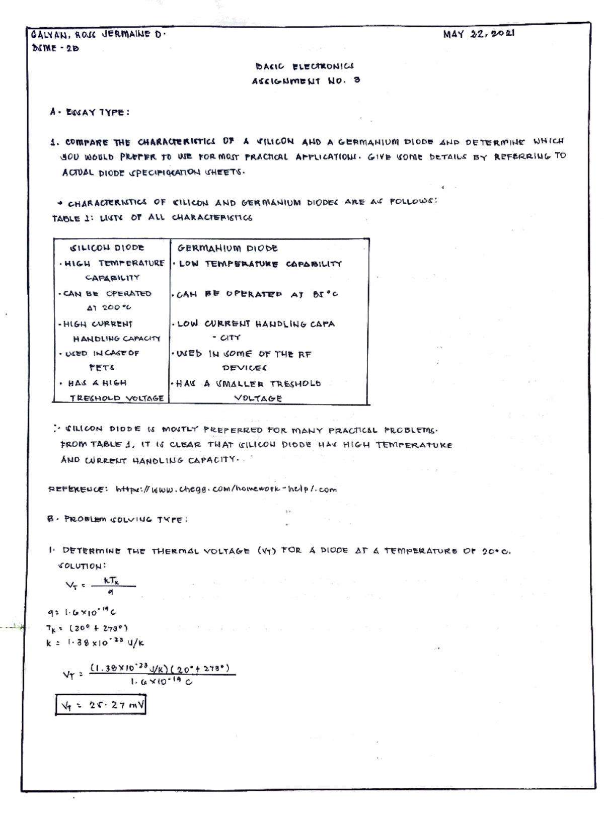 Electronics Assignment - IM NO. 3 - CAl.~ A~, OJi JER\Alf: t)• t>lt~~- 2 A· ~\NAY TYPE: - Studocu
