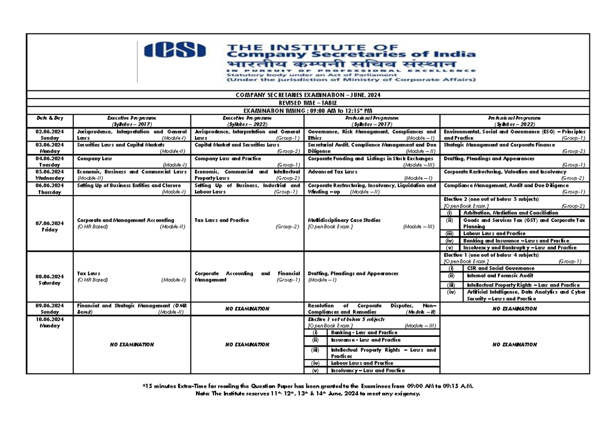 CS Revised Exam Time Table June 24 - *15 minutes Extra-Time for reading ...