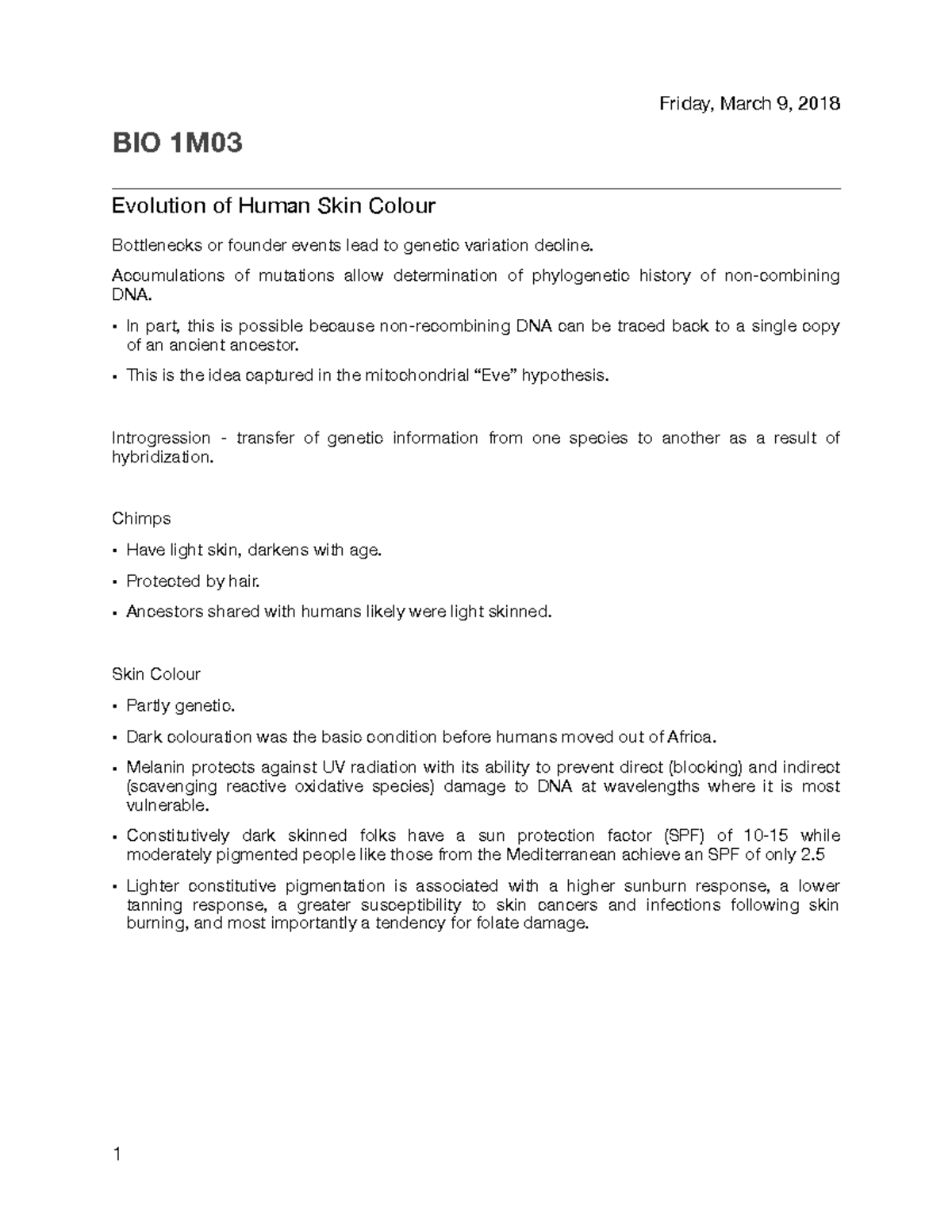 BIO 1M03 - Evolution of Skin Colour - Friday, March 9, 2018 BIO 1M ...