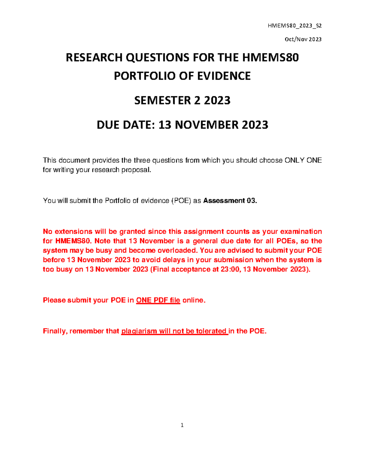 HMEMS80 Research Questions FOR THE POE Nov 2023 - Oct/Nov 2023 RESEARCH ...