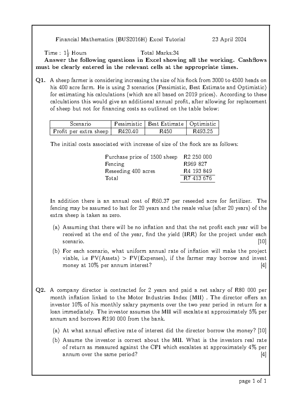 Excel Tutorial 1 - Cashflows must be clearly entered in the relevant cells at the appropriate ...