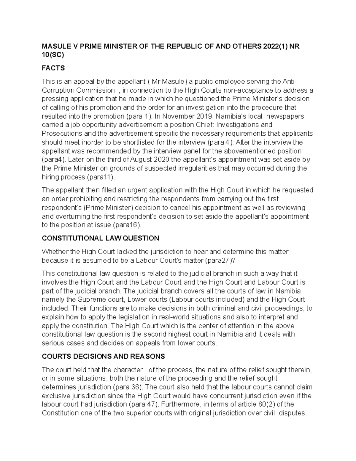 Masule V Prime Minister OF THE Republic OF AND Others 2022 - MASULE V ...