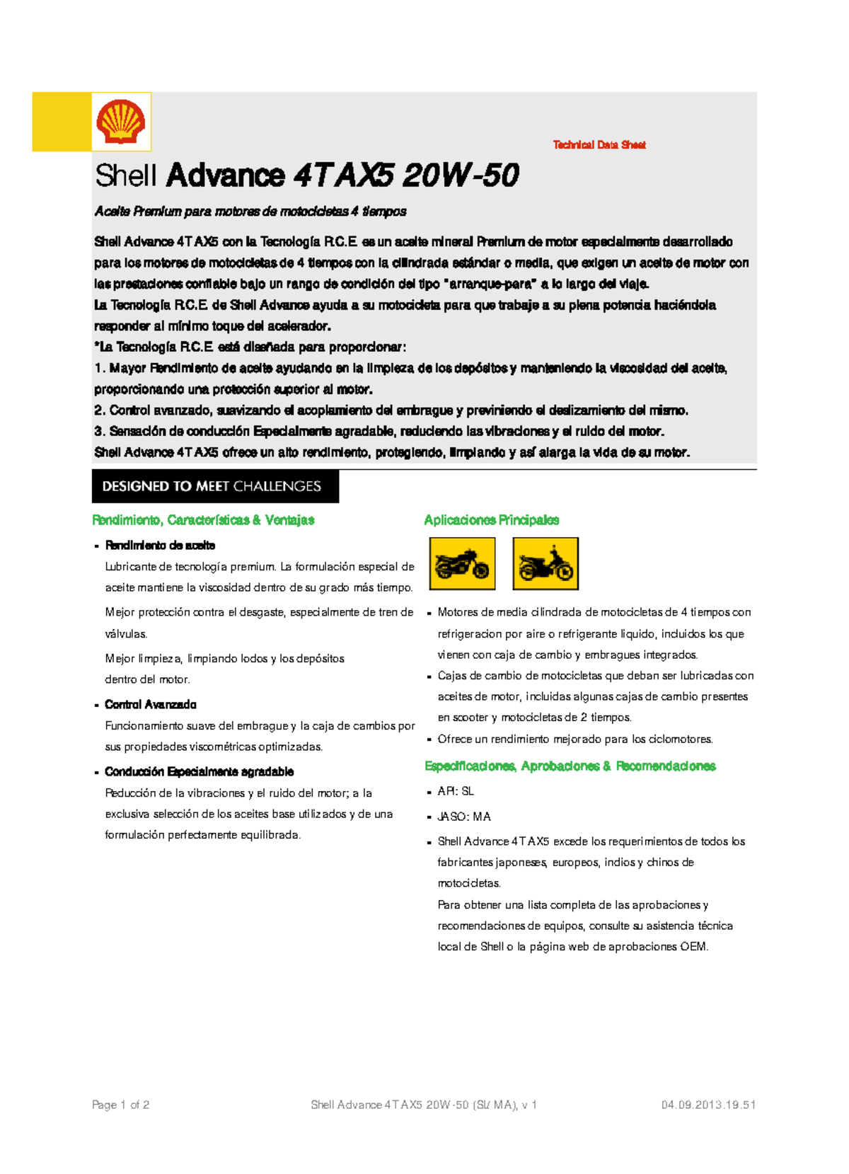 Advance 4T AX5 20W50 - HOJA DE SEGURIDAD - Technical Data Sheet Shell A ...