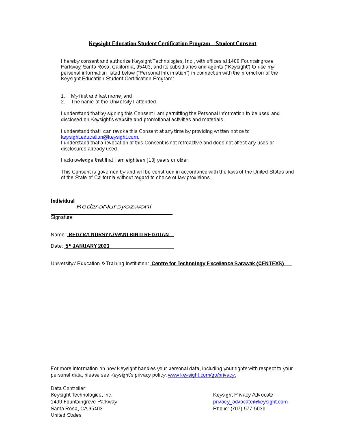 Keysight Student Consent 170619 - Keysight Education Student Certification Program – Student ...