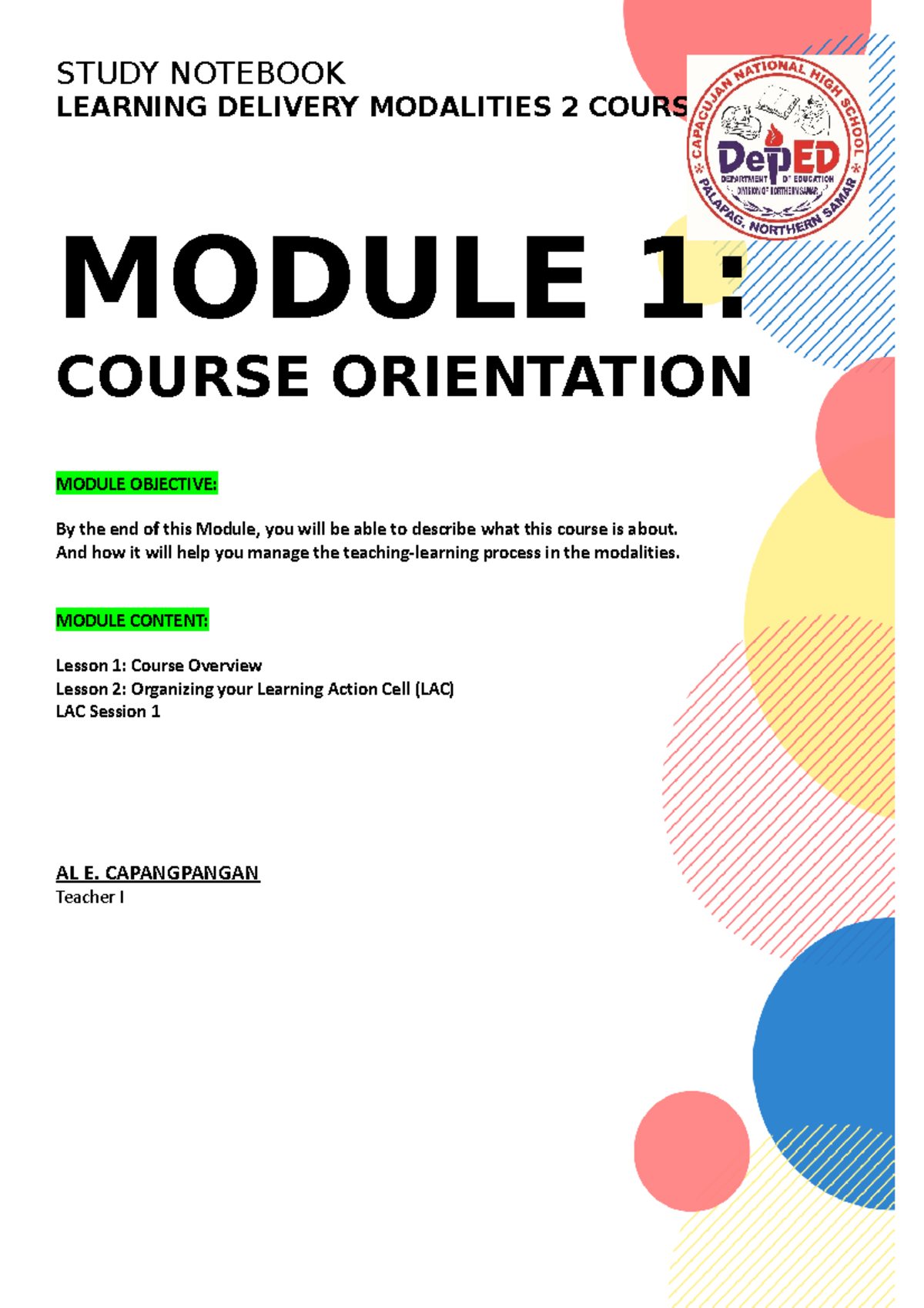 Module 1 Study Notebook-1 - STUDY NOTEBOOK LEARNING DELIVERY MODALITIES ...