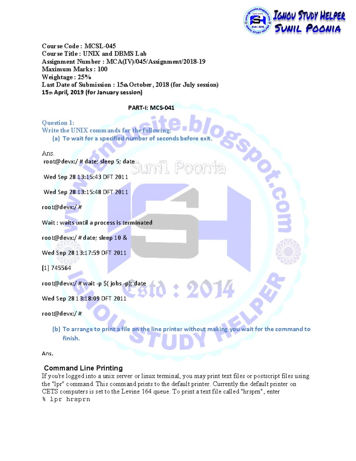Mcsl 045 2018 19 Course Code Mcsl 045 Course Title Unix And Dbms Lab Assignment Number 