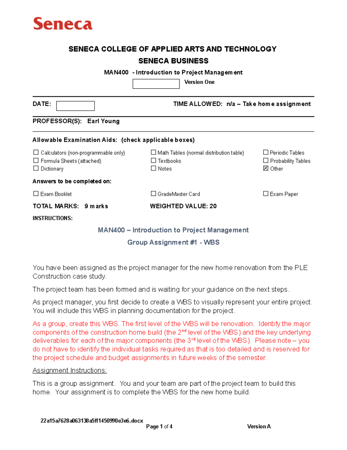 Man400 Group Assignment 1 WBS - SENECA COLLEGE OF APPLIED ARTS AND ...