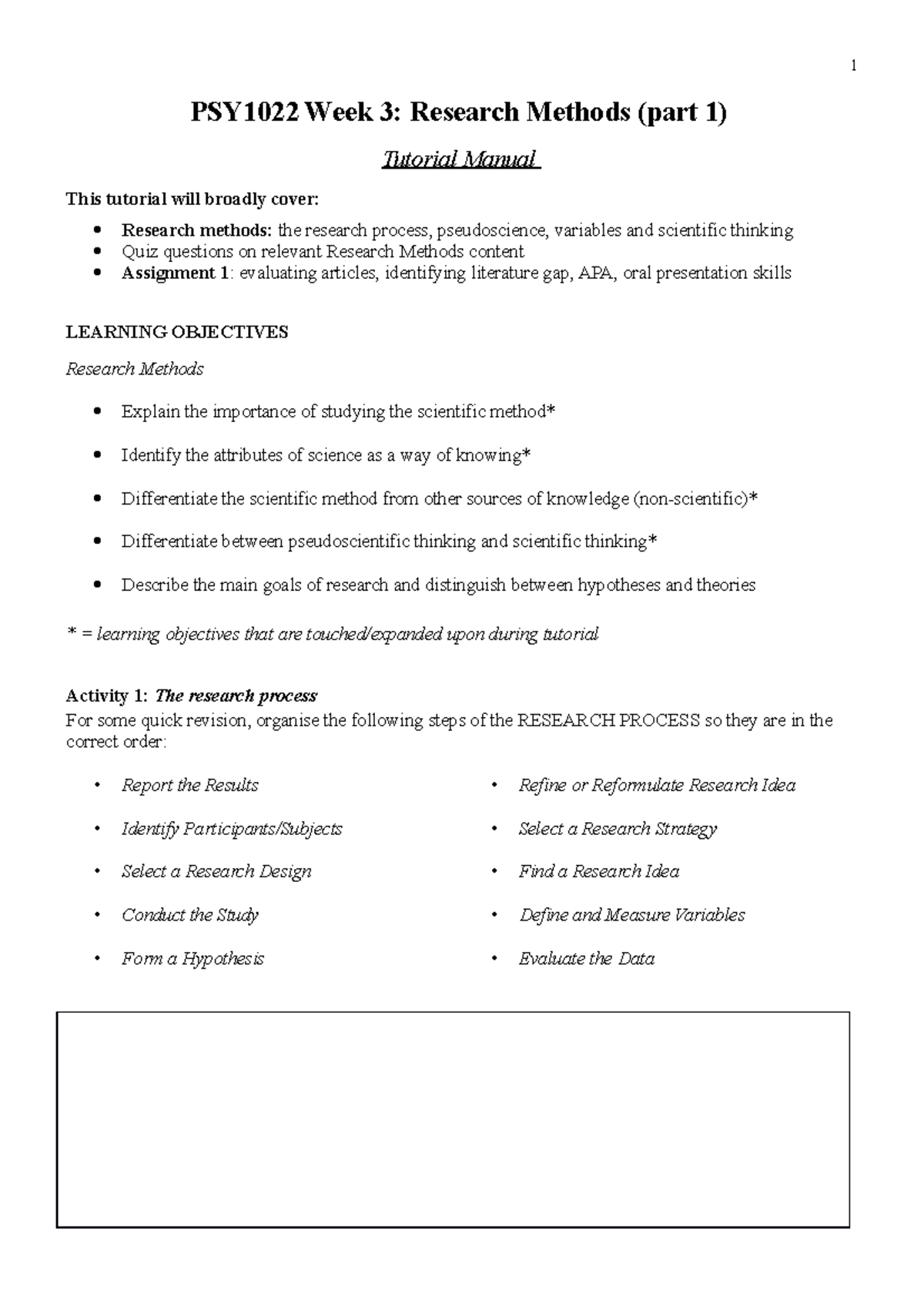 PSY1022 Week 3 (Tutorial 2) - Student Manual (2023)Research Methods 1 ...