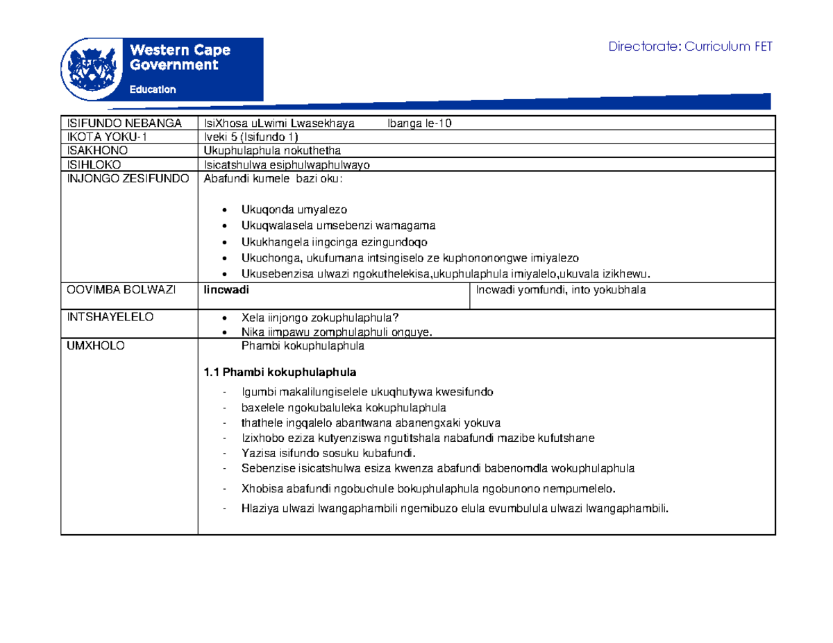 Isi Xhosa HL Grade 10 Term 1 Week 5 2021 - Directorate: Curriculum FET ...