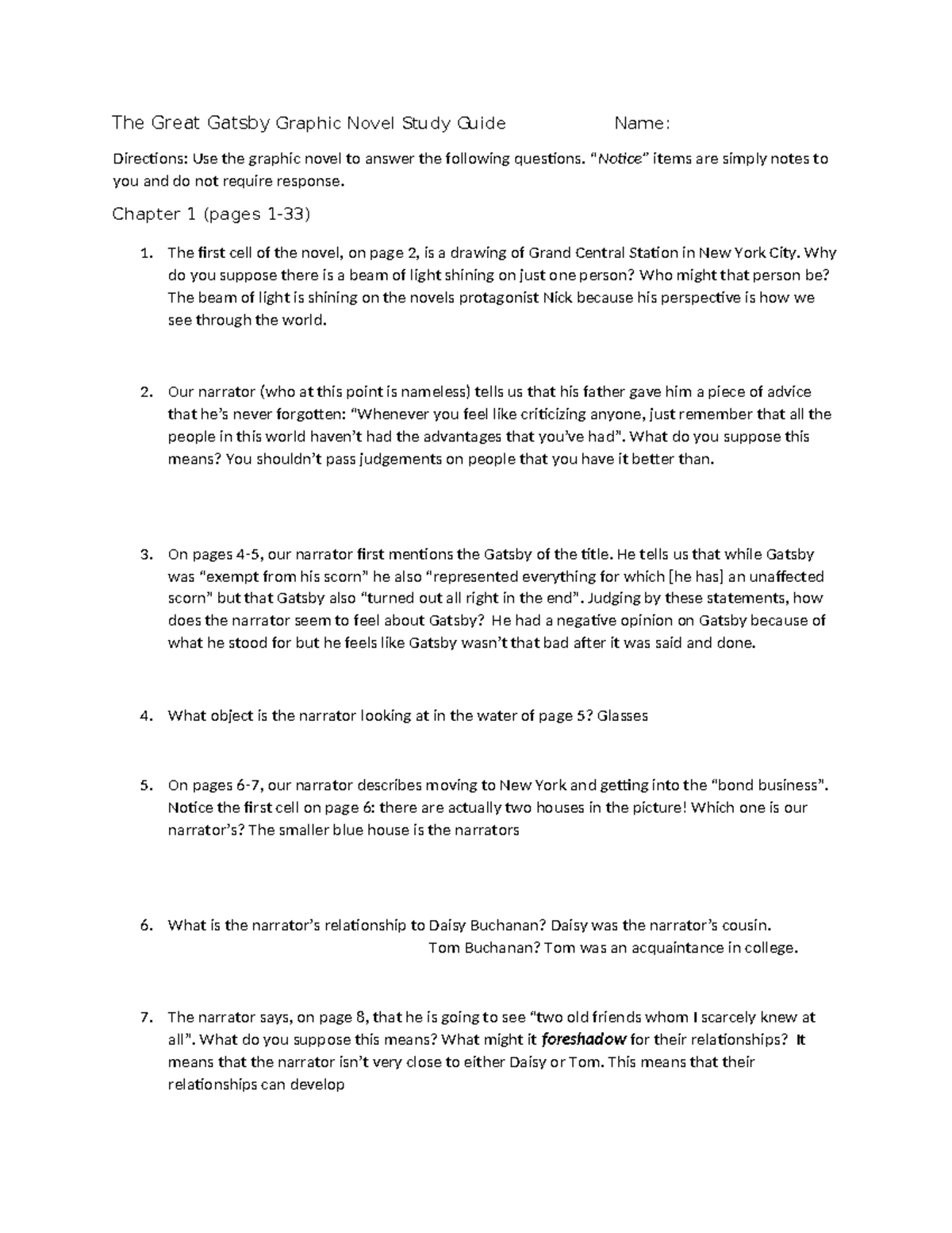 Great Gatsby Ch.1 Discussion Questions - The Great Gatsby Graphic Novel ...