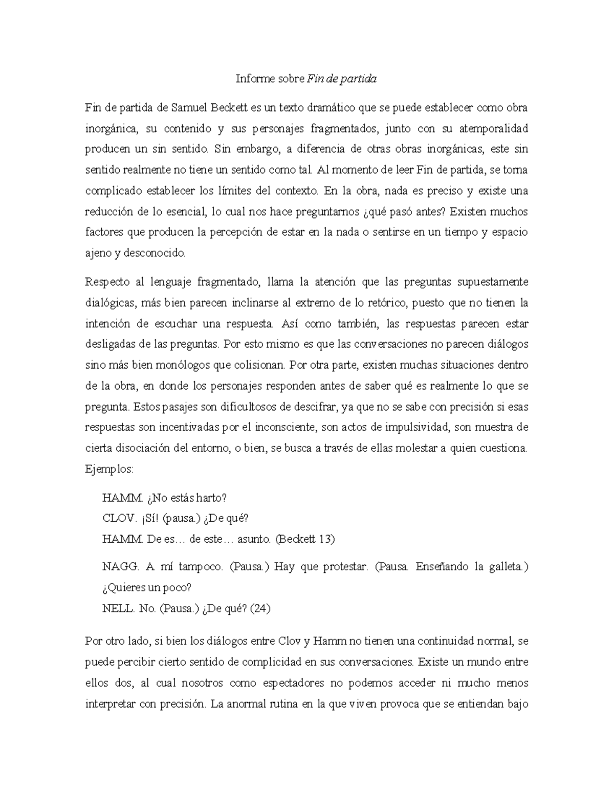 Informe Fin de partida - Informe sobre Fin de partida Fin de partida de ...