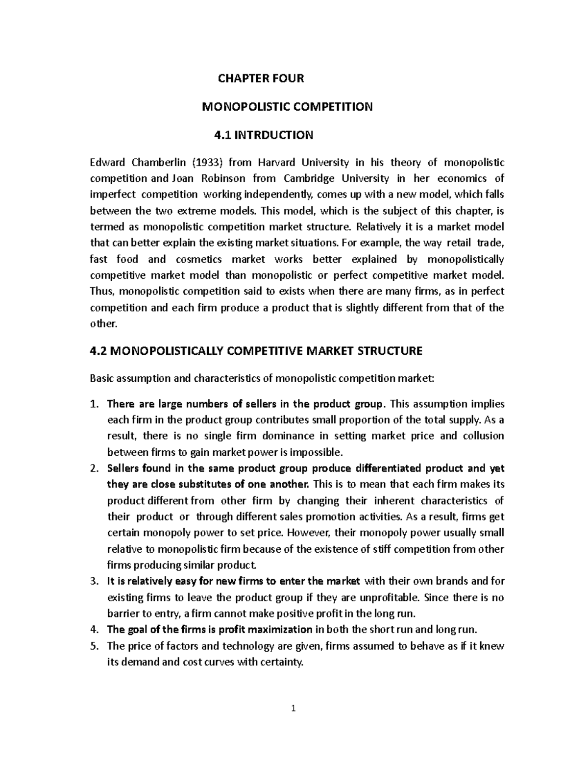 FChapter Four - Lecture nots - CHAPTER FOUR MONOPOLISTIC COMPETITION 4 ...