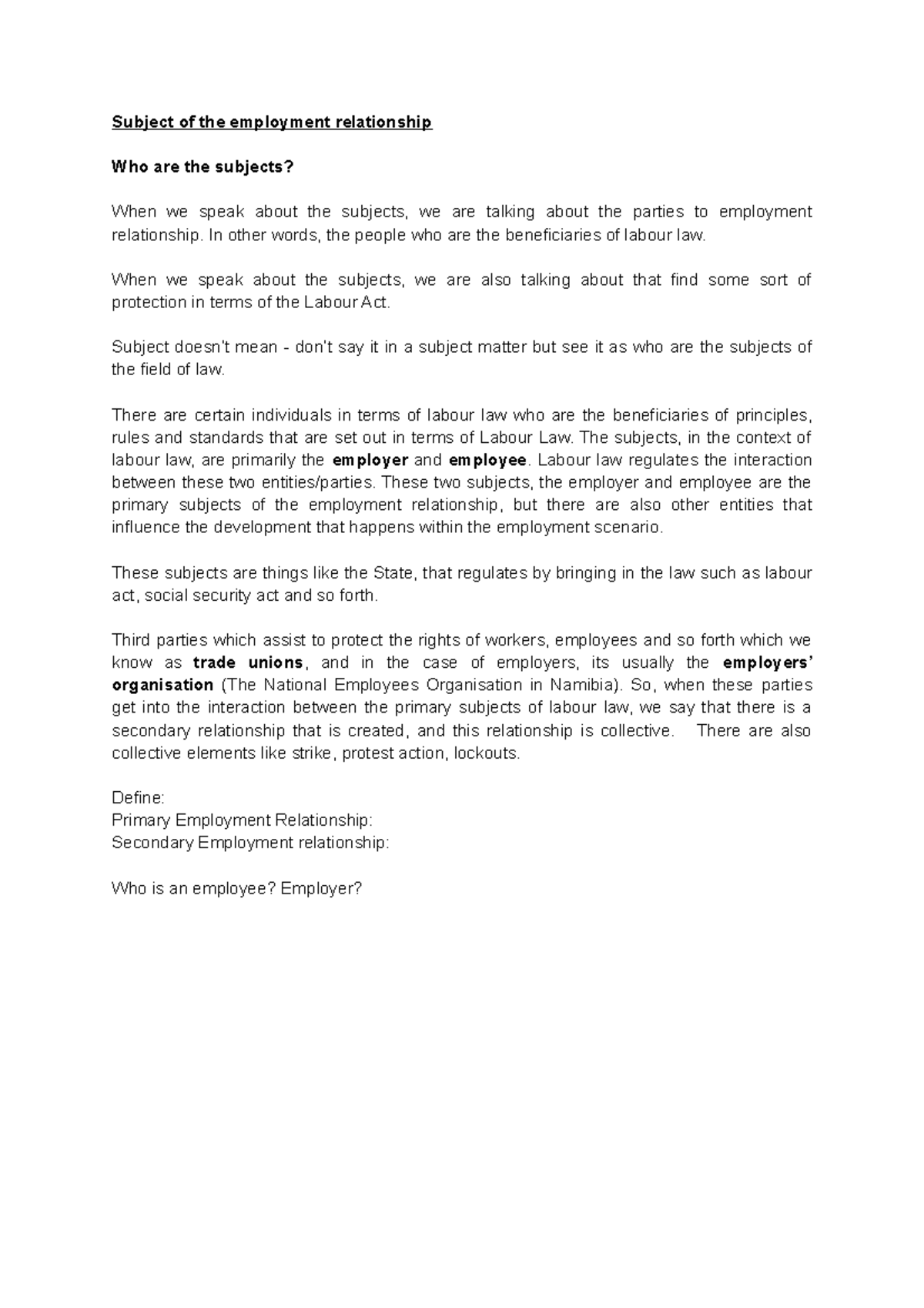 Lesson 2 Subject of the employment relationship -incomplete - Subject ...