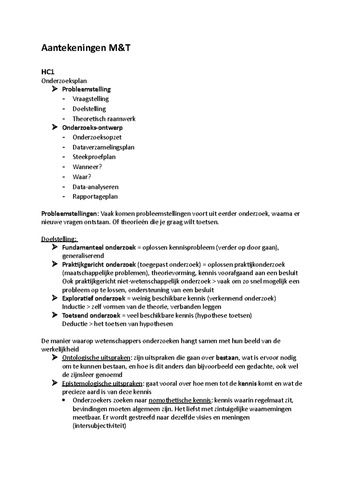 Aantekeningen Methode en techniek - Aantekeningen M&T HC Onderzoeksplan ...