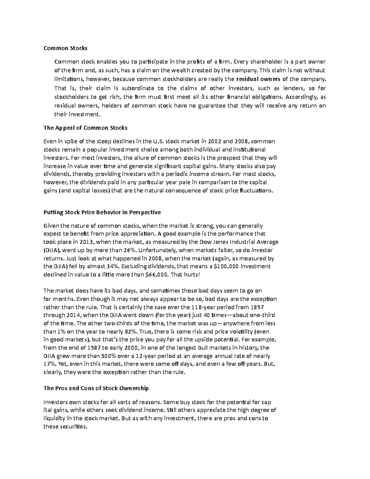 MA104 Notes 1 Common Stocks - Common Stocks Common stock enables you to ...