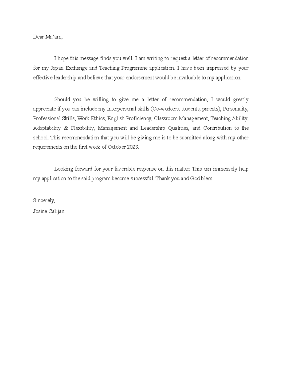 Letter for Letter of Recommendation - Dear Ma’am, I hope this message ...