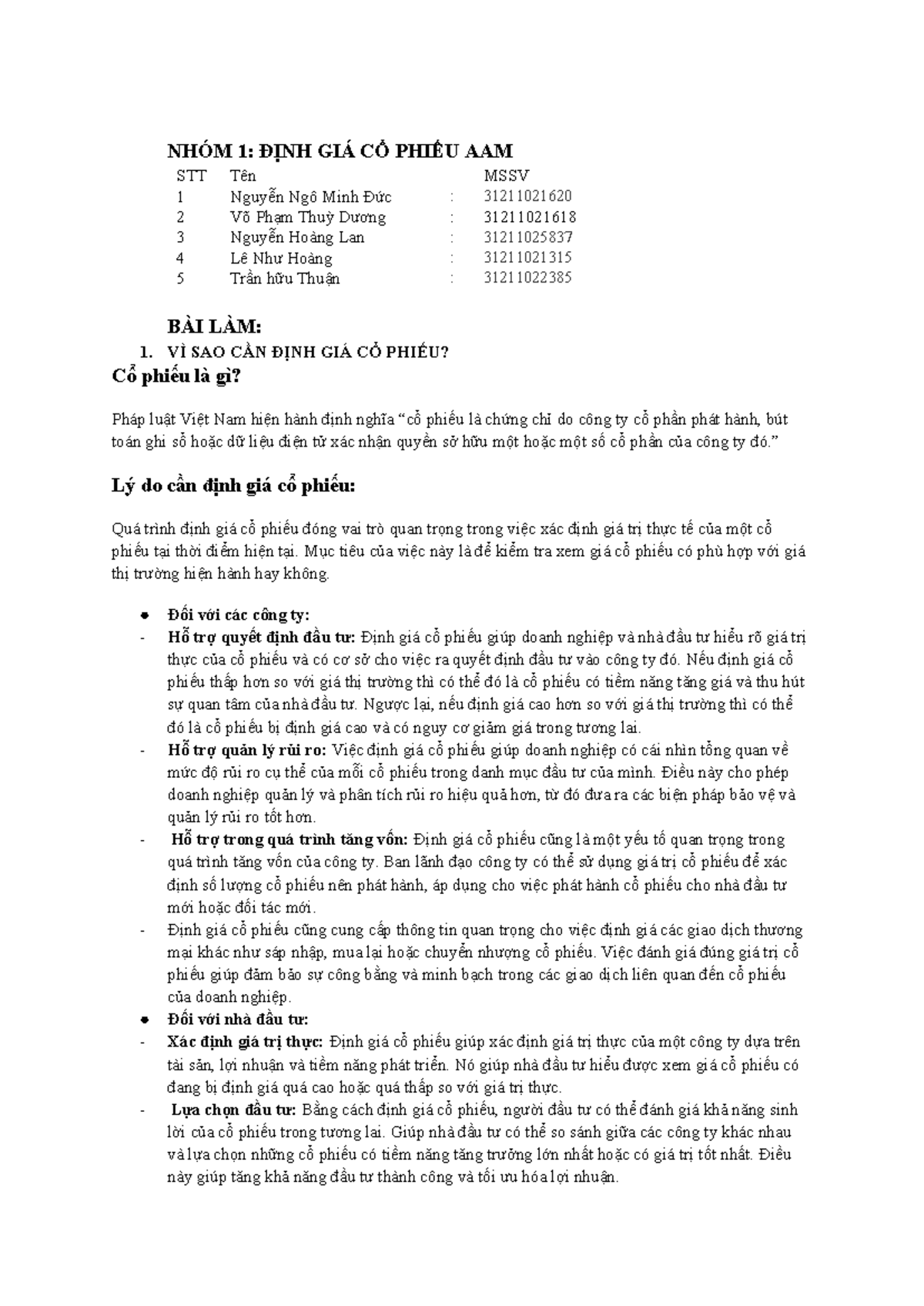NHÓM-1-ĐỊNH-GIÁ-CỔ-PHIẾU-AAM - NHÓM 1: ĐỊNH GIÁ CỔ PHIẾU AAM STT Tên ...
