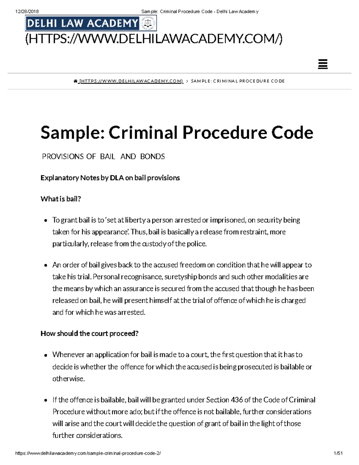 Sample Criminal Procedure Code - Delhi Law Academy - 12/28/2018 Sample ...