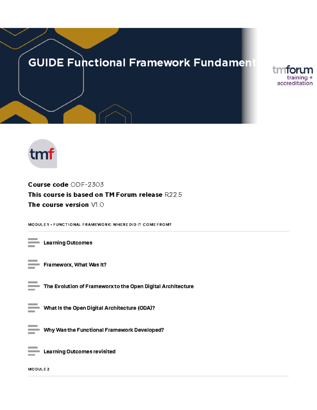 Guide functional framework fundamentals 1 - Course code ODF- This ...