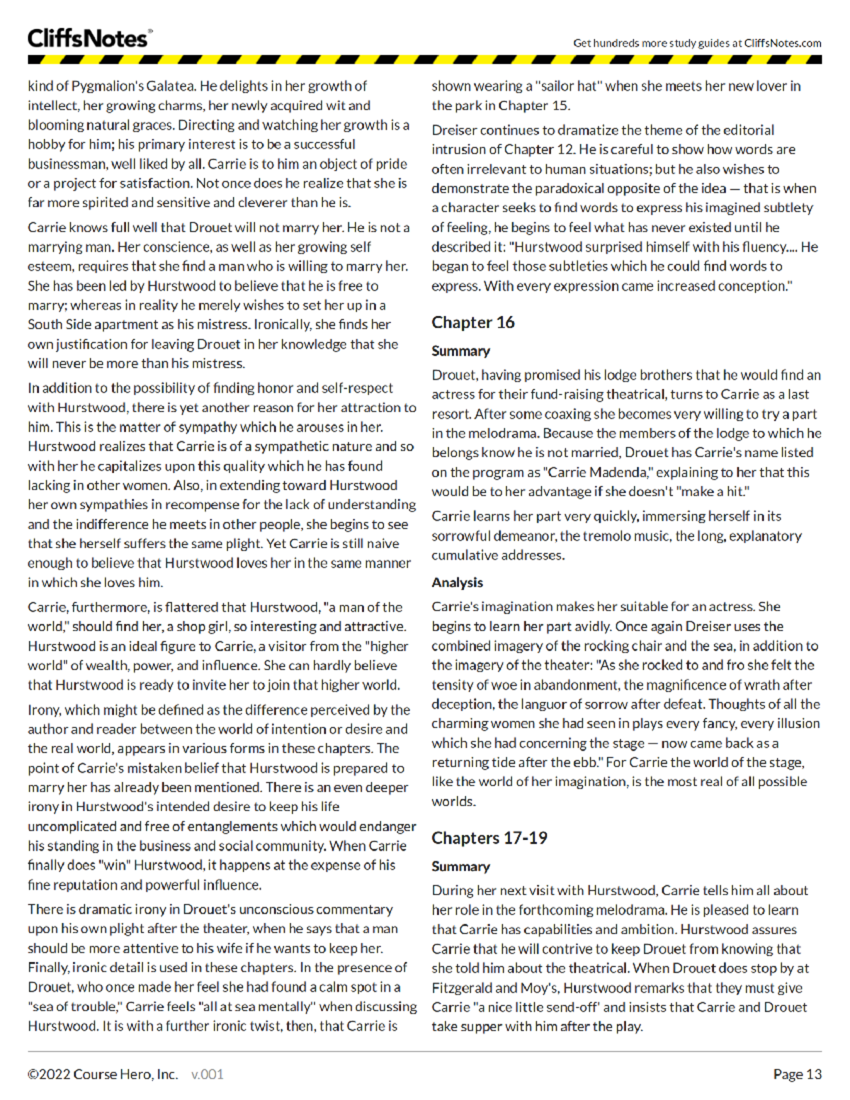 Cliffs Notes on Sister Carrie 13 - Biology 101 - Studocu