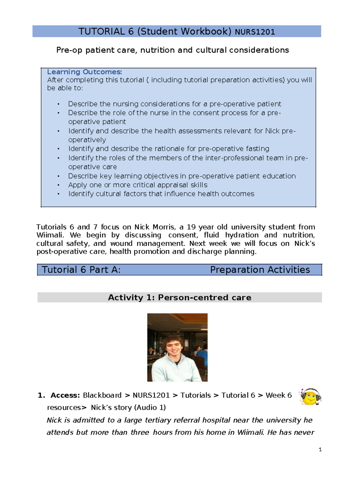 Week 6 st workbook - Pre-op patient care, nutrition and cultural ...