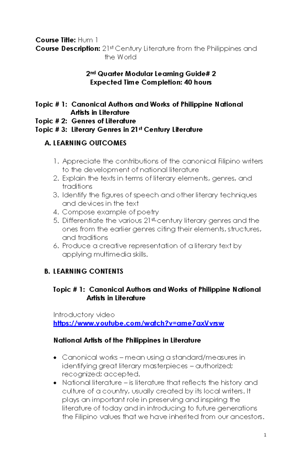 Hum 1 MLG # 2 - humanities - Course Title: Hum 1 Course Description: 21 ...
